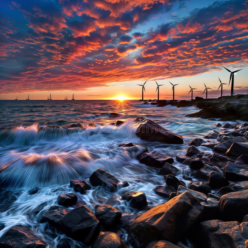 Beautiful Sunset Over the Sea and Wind Turbines. Nature Composition ...