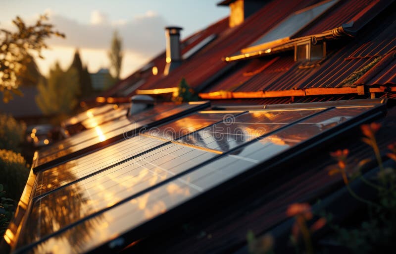 Beautiful Sunset Over Solar on the Roof with Sunset on the Background ...