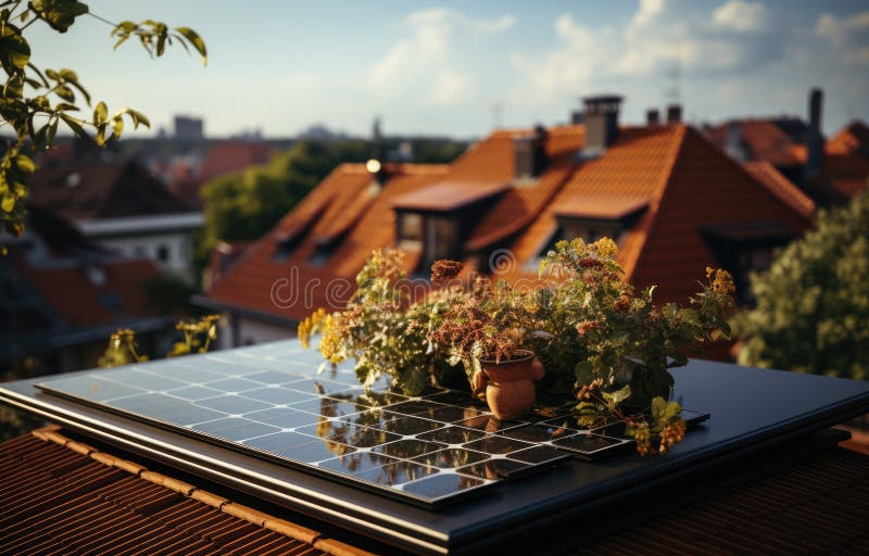 Beautiful Sunset Over Solar on the Roof with Sunset on the Background ...