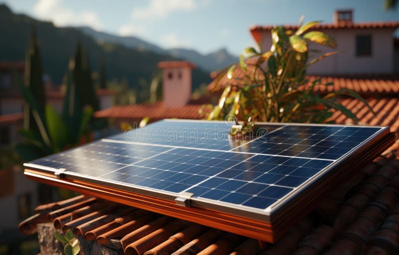 Beautiful Sunset Over Solar on the Roof with Sunset on the Background ...