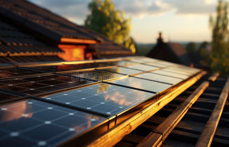 Beautiful Sunset Over Solar on the Roof with Sunset on the Background ...