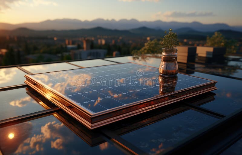Beautiful Sunset Over Solar on the Roof with Sunset on the Background ...