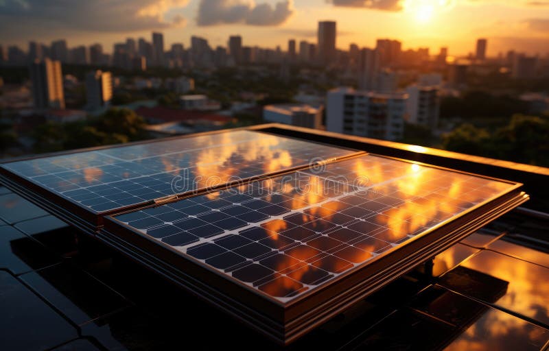 Beautiful Sunset Over Solar on the Roof with Sunset on the Background ...