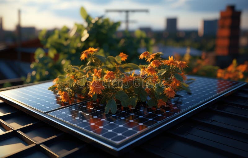 Beautiful Sunset Over Solar on the Roof with Sunset on the Background ...