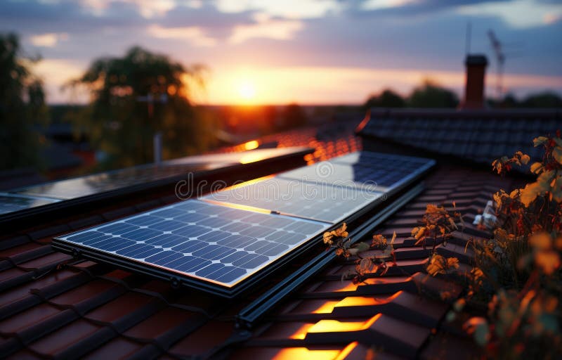 Beautiful Sunset Over Solar on the Roof with Sunset on the Background ...