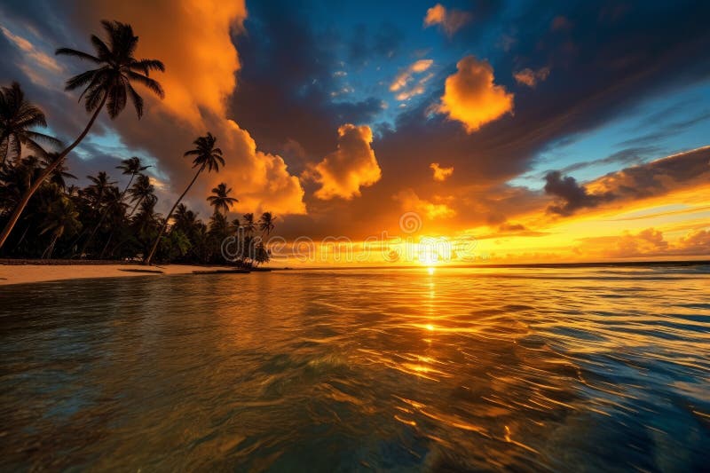 A Beautiful Sunset Over a Tropical Beach with Palm Trees Stock ...