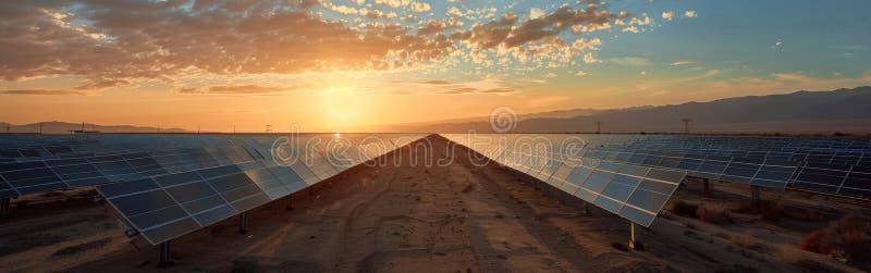 Solar Panels Array Desert Landscape Renewable Energy Production Sunset ...
