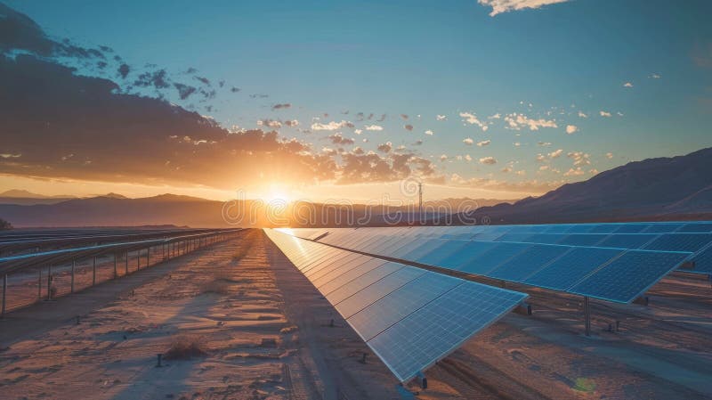A Beautiful Sunset Over a Vast Array of Solar Panels in the Desert ...