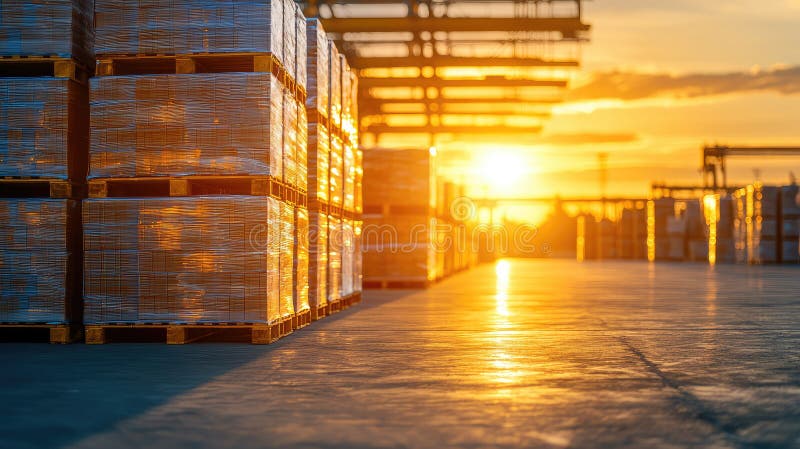 A Beautiful Sunset Over a Warehouse, Highlighting Stacked Pallets in a ...
