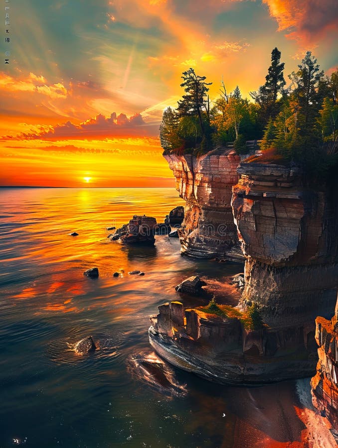 A Beautiful Sunset Over the Water with Cliffs Stock Photo - Image of ...