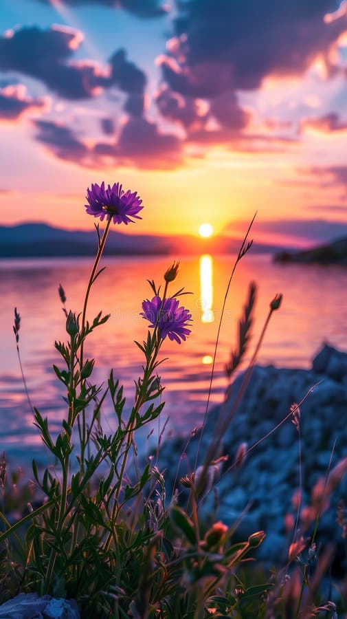 A Beautiful Sunset with Purple Flowers in Front of the Water Stock ...