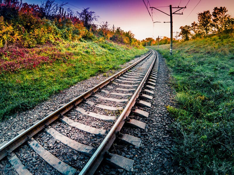 Beautiful Sunset on the Railroad in Autumn Stock Photo - Image of blue ...
