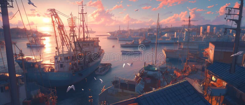 A Beautiful Sunset is Reflected on the Water. Anime Background Stock ...