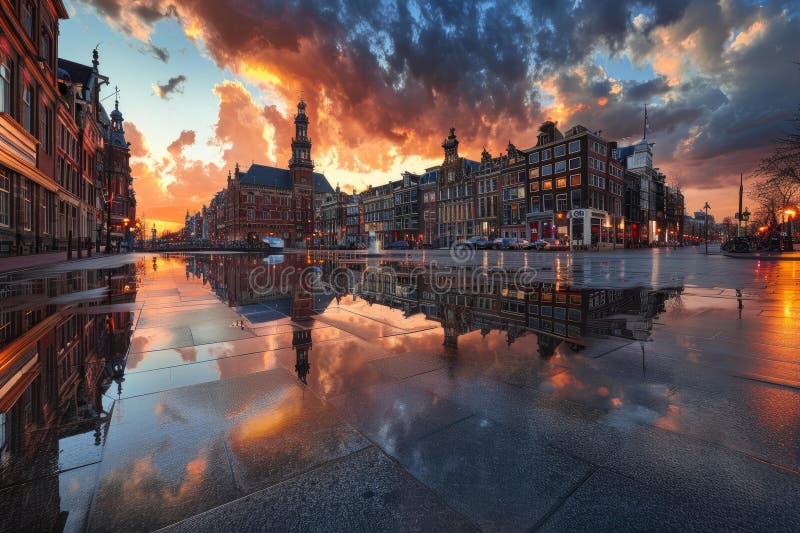 Amsterdam Canals Reflecting Dramatic Sunset after Rain Stock Photo ...