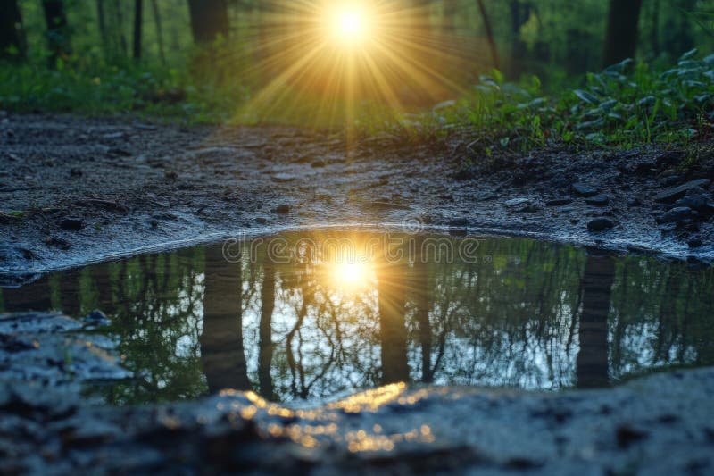 Sunset Forest Path Puddle Reflection Nature Scene Stock Photos - Free ...