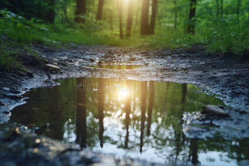 Beautiful Sunset Reflecting in Puddle on a Forest Path Stock Image ...