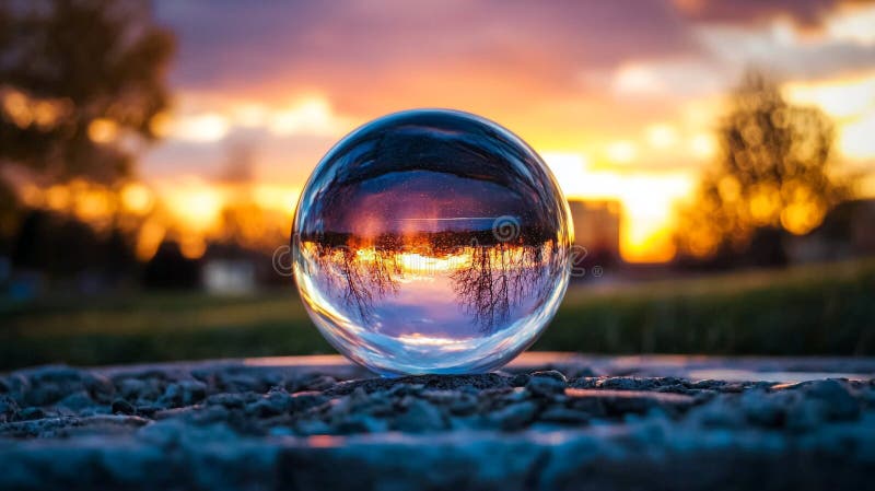 Beautiful Sunset Reflection in a Glass Orb Set on a Stone Surface ...