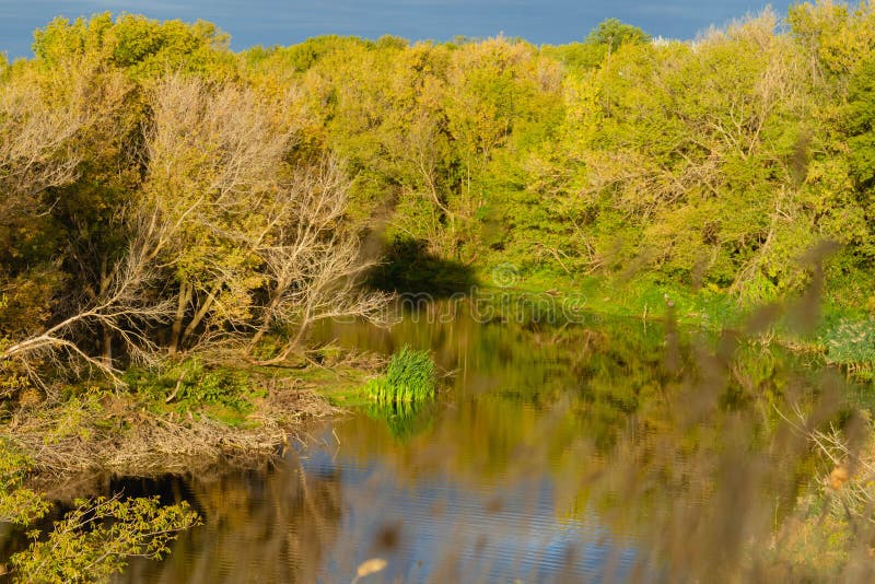 Beautiful Sunset on River. Solar Glare on Water Surface of River. Field ...