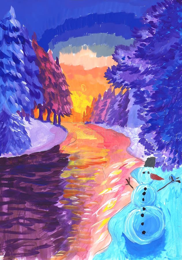 Beautiful Sunset on the River in the Winter Evening. Children`s Drawing ...