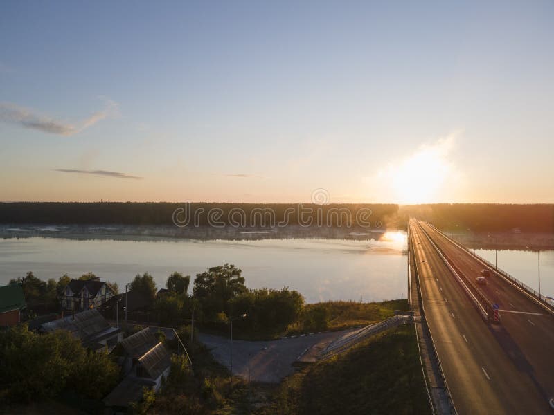 Beautiful Sunset Road Highway with River Bridge, Aerial View Stock ...