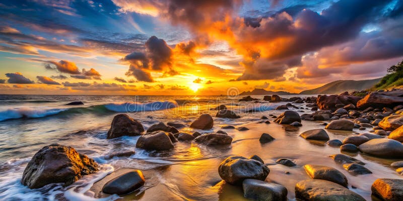 Beautiful Sunset with Rocks Along the Beach Stock Illustration ...