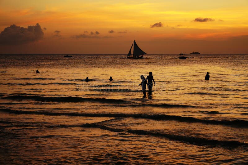 Beautiful Sunset with Sailing Ship Stock Image - Image of dusk, beach ...