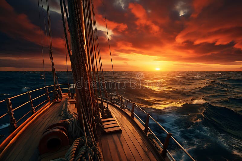 Beautiful Sunset on a Sailing Ship. Dramatic Sky Over the Sea Stock ...