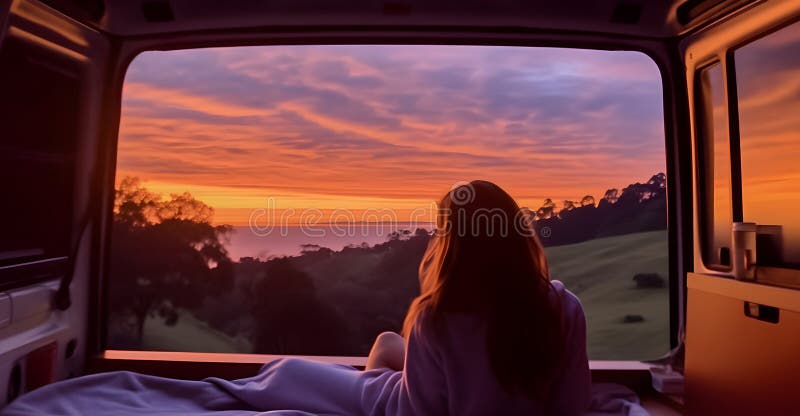 Beautiful Sunset Scene and Girl Inside the Camper Van Stock ...