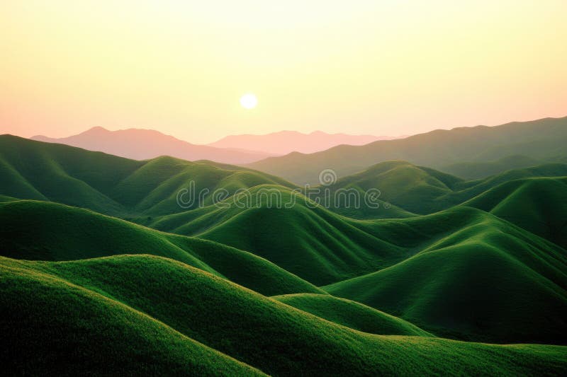 A Beautiful Sunset Scene with Green Hills and Warm Light Stock Image ...
