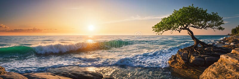 Sunset Over Ocean with Tree on Shore Stock Illustration - Illustration ...