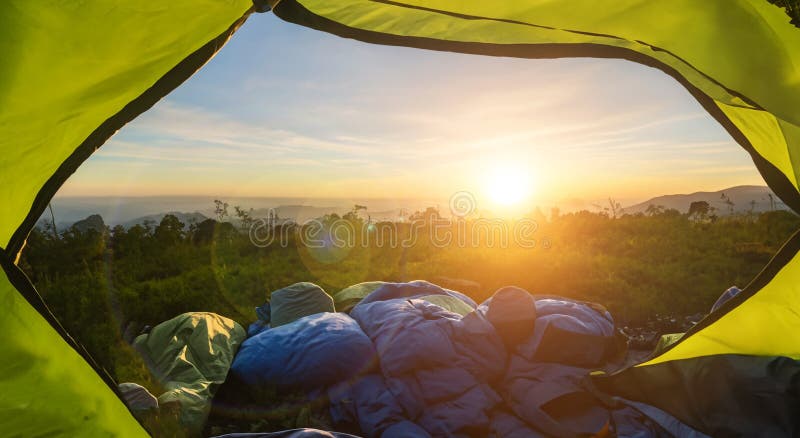 BEAUTIFUL SUNSET SEEN INSIDE a CAMPING TENT in High Resolution Stock ...