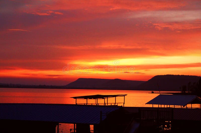 The Beautiful Sunset are Setting Down on the Lake with the Ship Stock ...