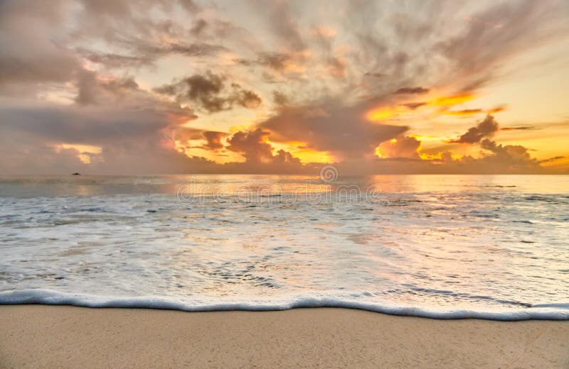 Sunset on Seychelles beach stock photo. Image of seascape - 62454546