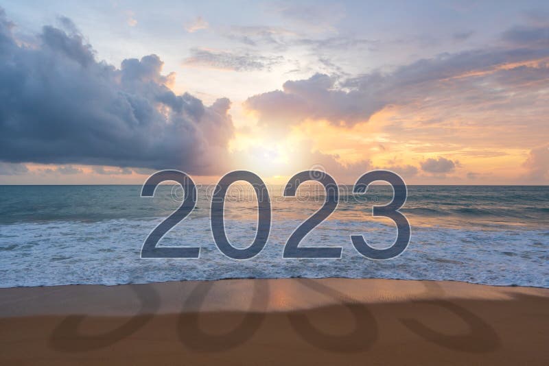 Beautiful Sunset with 2023 and Shadow on Beach. New Year Concept. Copy ...