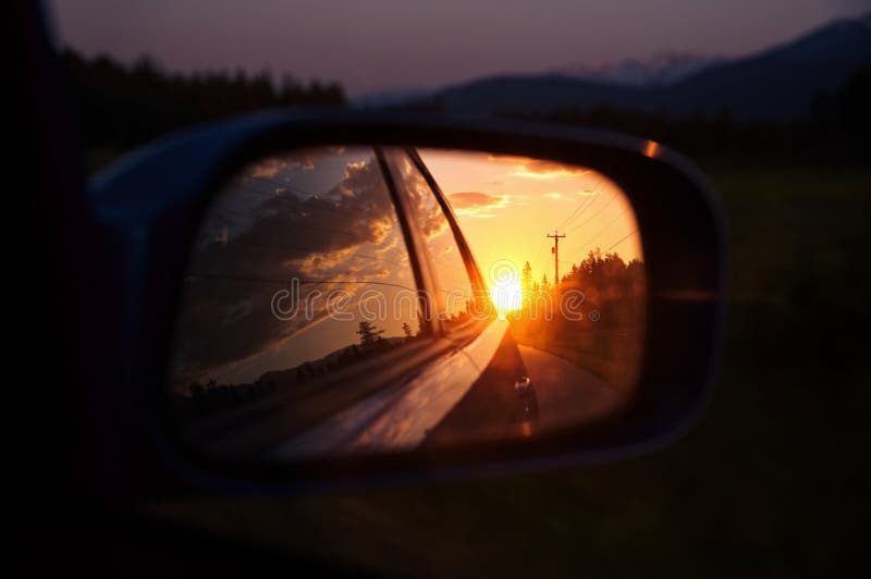 Sunset in Sideview Car Mirror Stock Photo - Image of vacation, road ...