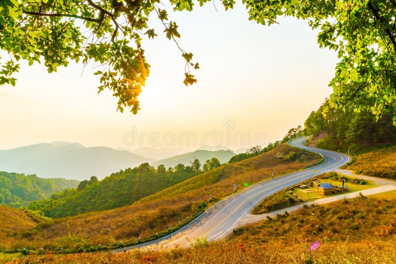 Beautiful Sunset Sky with Layer Mountain and Road Stock Image - Image ...