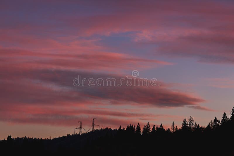 Beautiful Sunset Sky Over Forest and Mountains. Stock Image - Image of ...