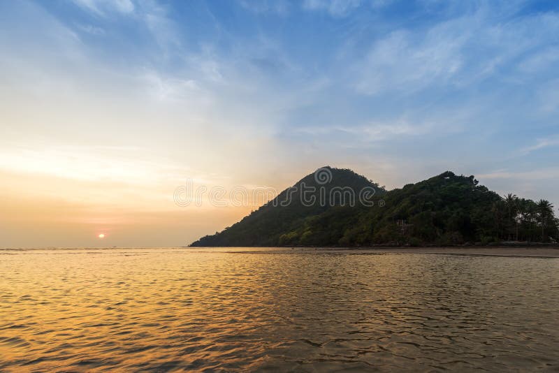 Beautiful Sunset Sky Over Mountain, Sea and Beach. Stock Image - Image ...