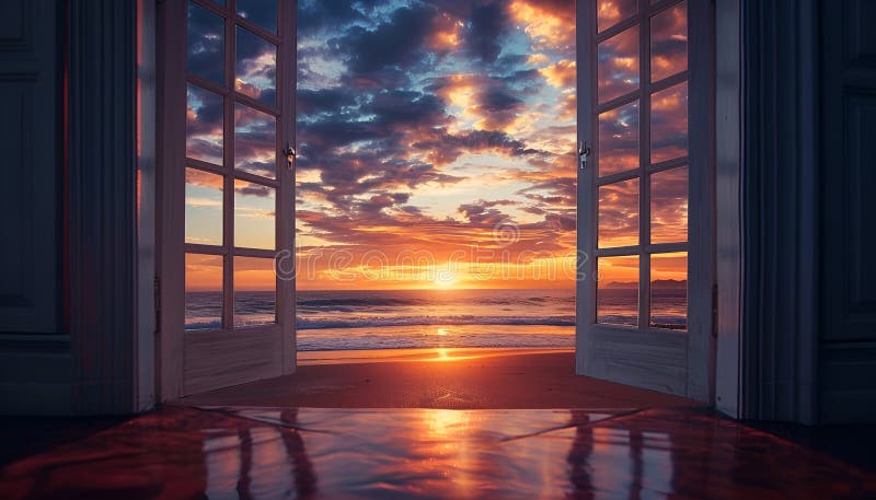 Beautiful Sunset Sky Visible through Open Door Stock Illustration ...