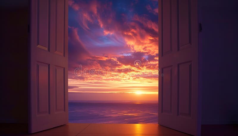 Beautiful Sunset Sky Visible through Open Door Stock Illustration ...
