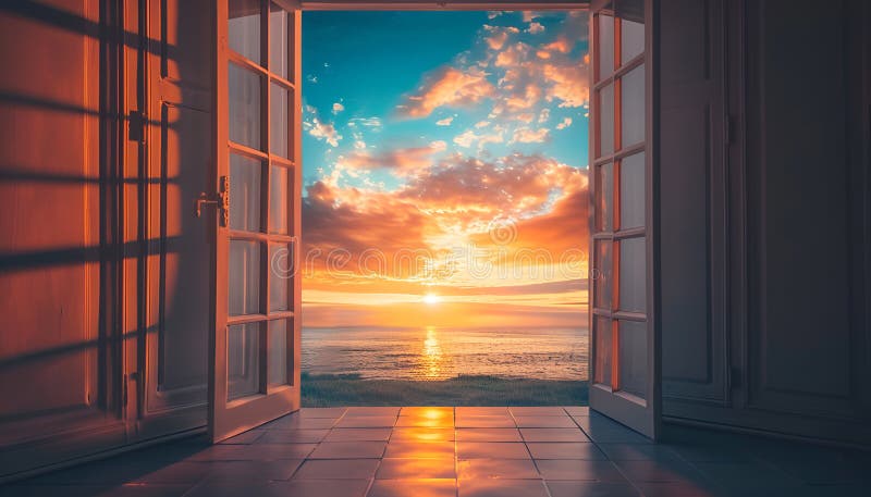 Beautiful Sunset Sky Visible through Open Door Stock Illustration ...
