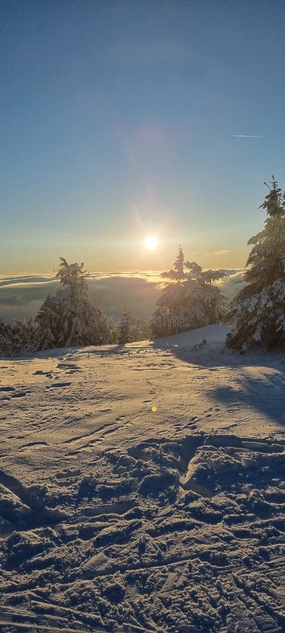 Beautiful Sunset on Snowy Mountain and Bright Blue Sky Stock Photo ...