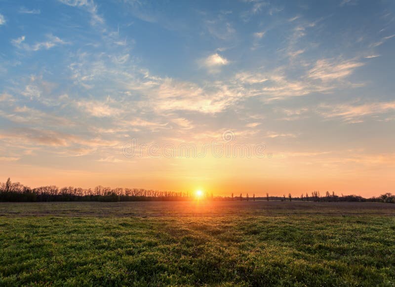 Beautiful Sunset. Spring Landscape with Trail, Trees, Sky and Cl Stock ...