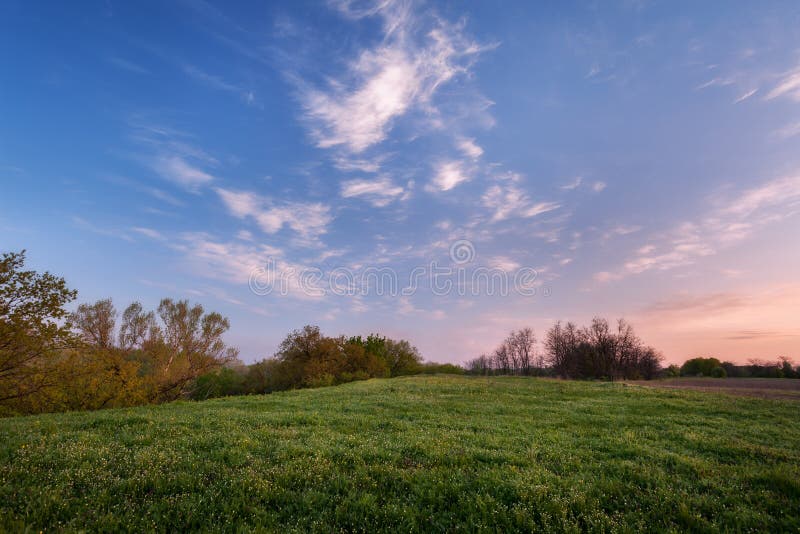 Beautiful Sunset. Spring Landscape with Trail, Trees, Sky and Cl Stock ...