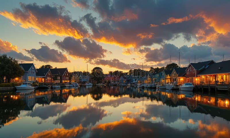 A Beautiful Sunset is Taking Place Over a Harbor with Boats in the ...