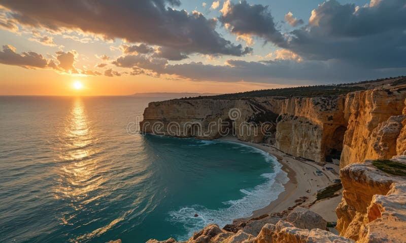 A Beautiful Sunset is Taking Place Over the Ocean, with the Sun Setting ...