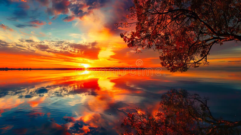 A Beautiful Sunset with a Tree in the Water Stock Photo - Image of ...