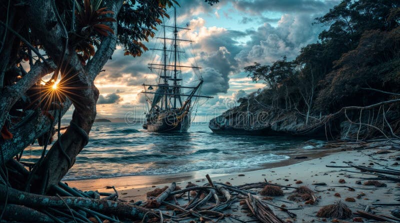 Beautiful Sunset on the Tropical Beach with Old Ship in the Ocean Stock ...