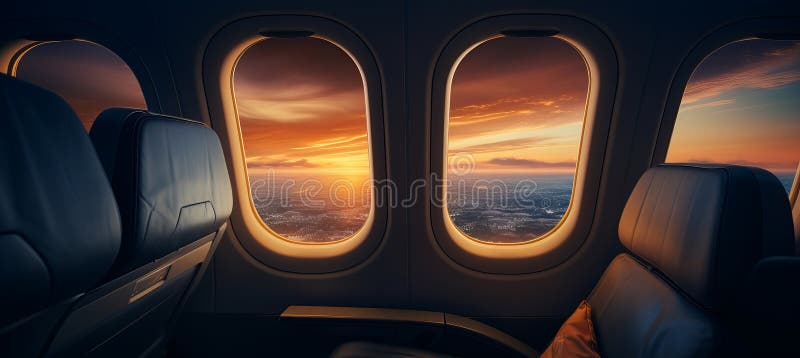 Beautiful Sunset View from Airplane Windows during Evening Flight Over ...