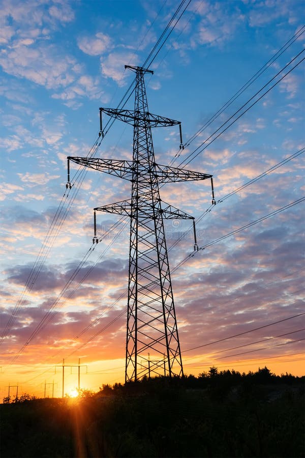 Powerline tower on sunset stock photo. Image of pole - 93456900